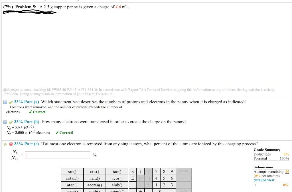 Solved (7\%) Problem 5: A 2.5 g copper penny is given a | Chegg.com