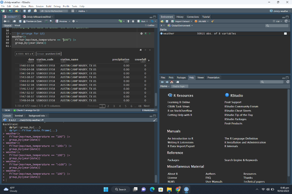 Solved How can I get R studio to filter for all temperatures | Chegg.com