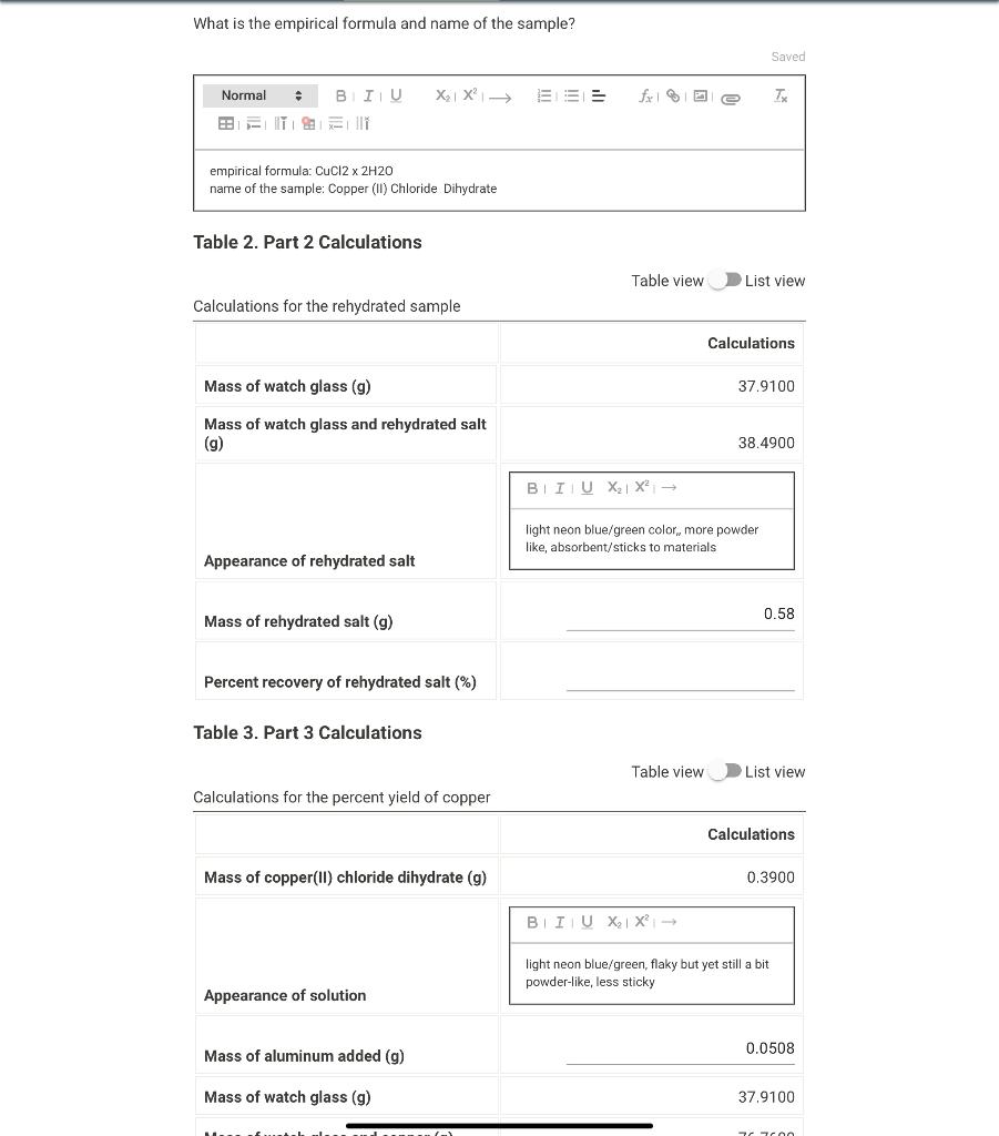 Solved Table view List view Table 3. Part 3 Calculations | Chegg.com