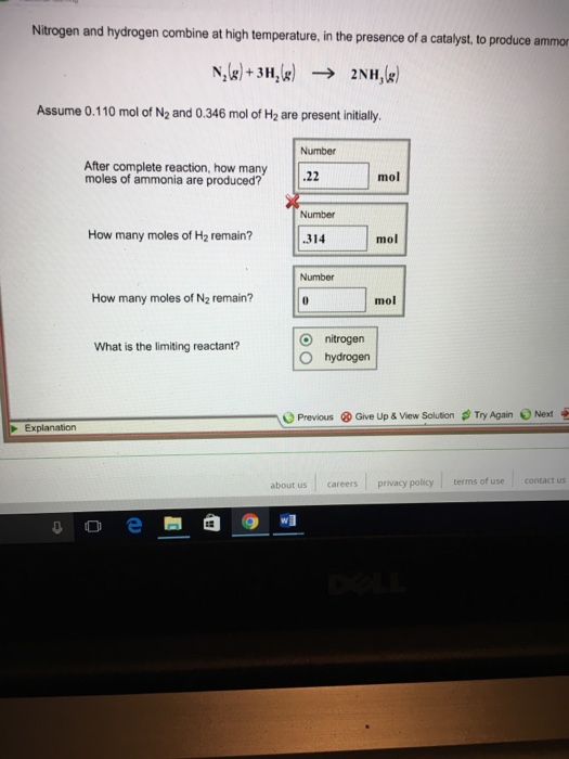 Solved Nitrogen and hydrogen combine at high temperature, in | Chegg.com