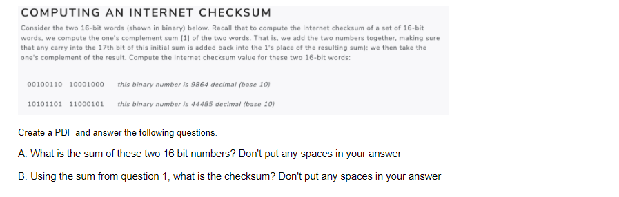 Computing An Internet Checksum Consider The Two