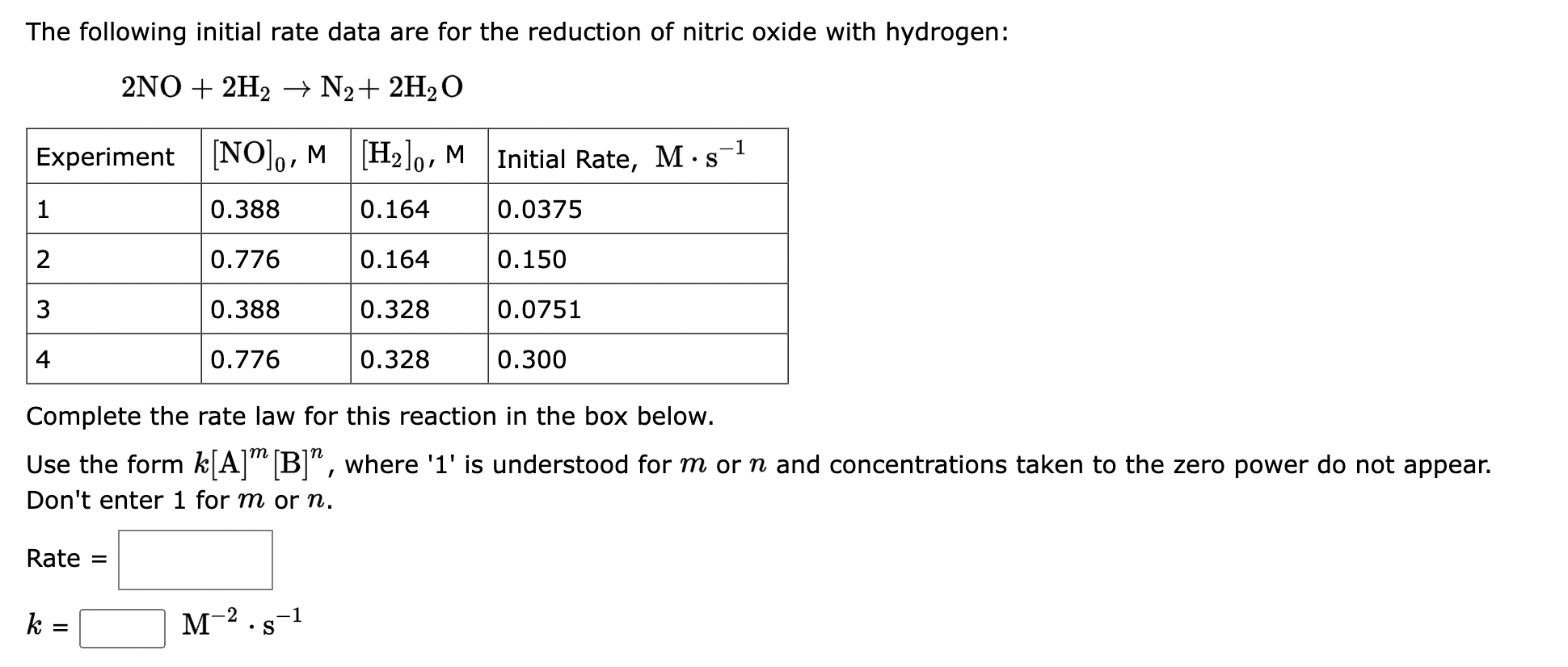 Solved The following initial rate data are for the reduction | Chegg.com