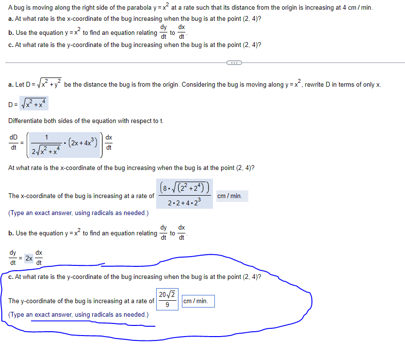 Solved A bug is moving along the right side of the parabola | Chegg.com