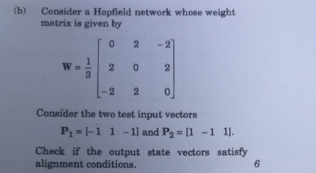 (b) Consider a Hopfield network whose weight matrix | Chegg.com