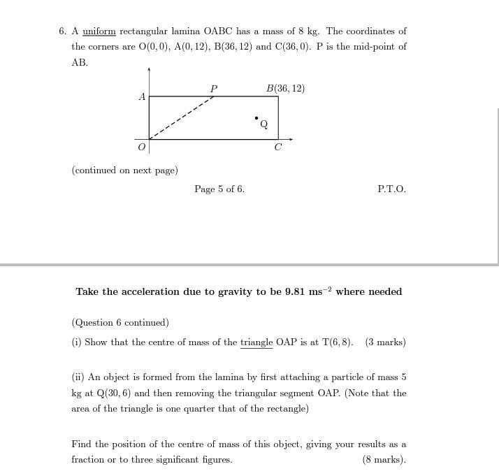 Solved 6. A uniform rectangular lamina OABC has a mass of 8 | Chegg.com