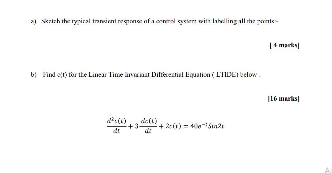 Solved a) Sketch the typical transient response of a control | Chegg.com