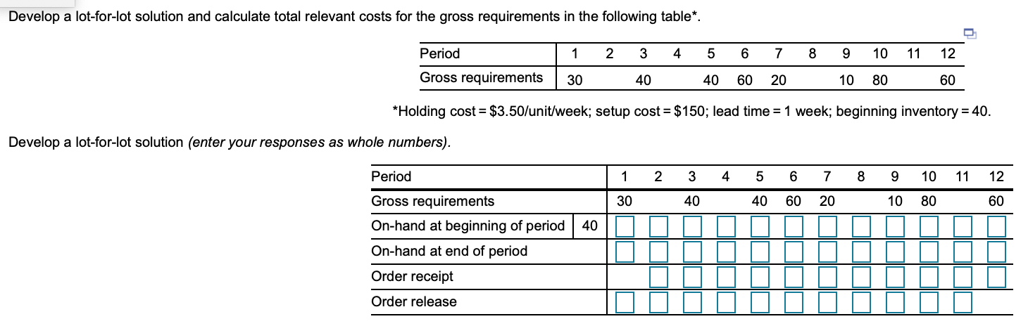 Solved Develop a lot-for-lot solution and calculate total | Chegg.com