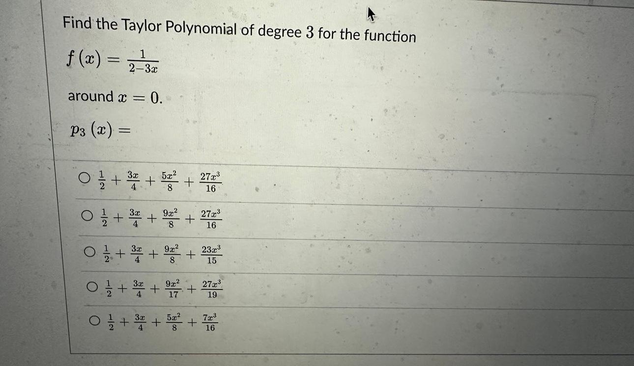 Solved Find the Taylor Polynomial of degree 3 for the | Chegg.com