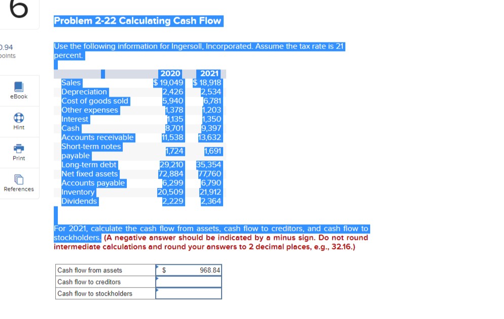 Solved Problem 2-22 ﻿Calculating Cash FlowUse the following | Chegg.com