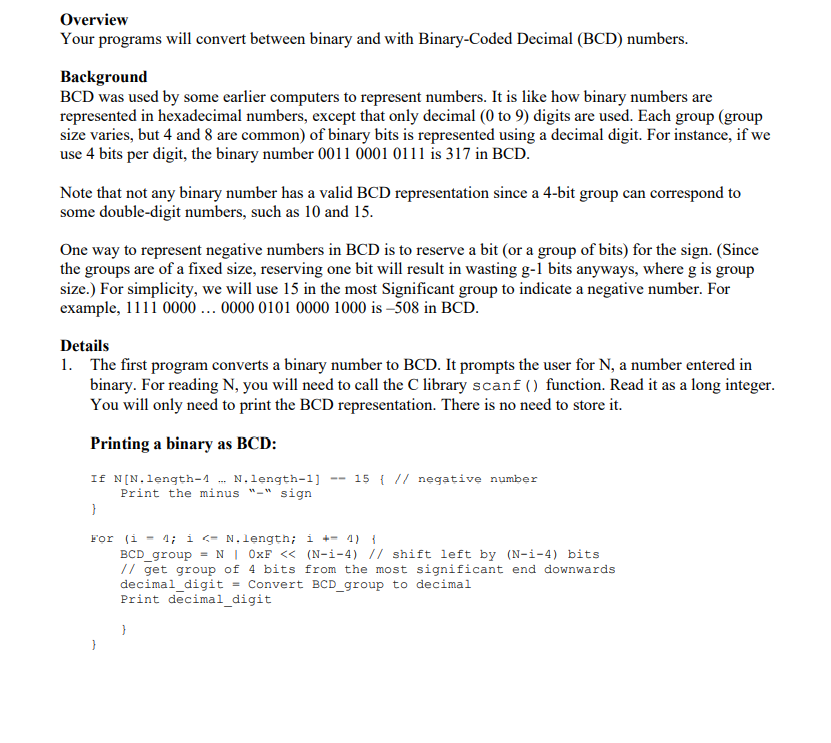Solved Overview Your programs will convert between binary | Chegg.com