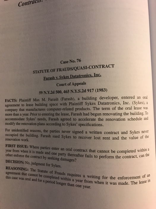 Solved Contracls. Case No. 76 STATUTE OF | Chegg.com