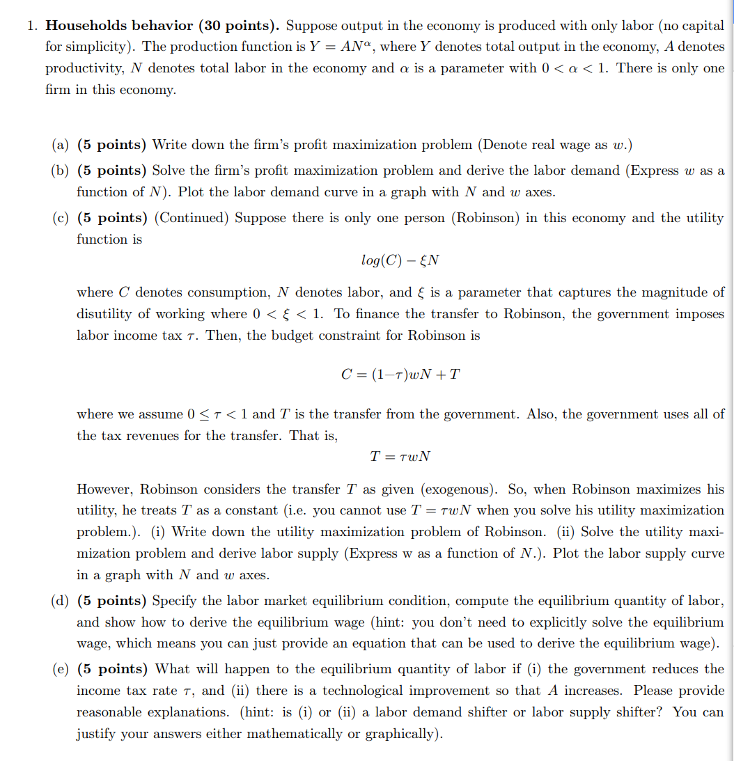 Solved Households behavior ( 30 ﻿points). ﻿Suppose output in | Chegg.com