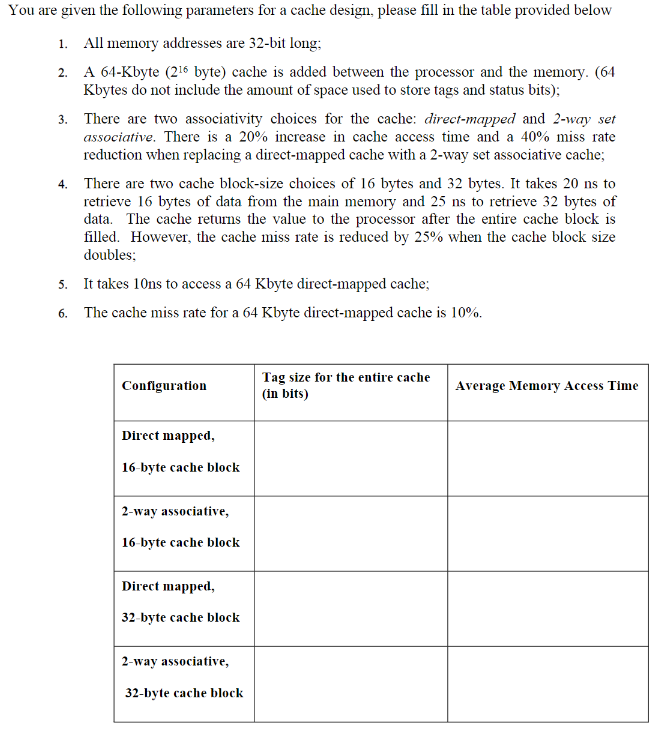 Solved You are given the following parameters for a cache | Chegg.com