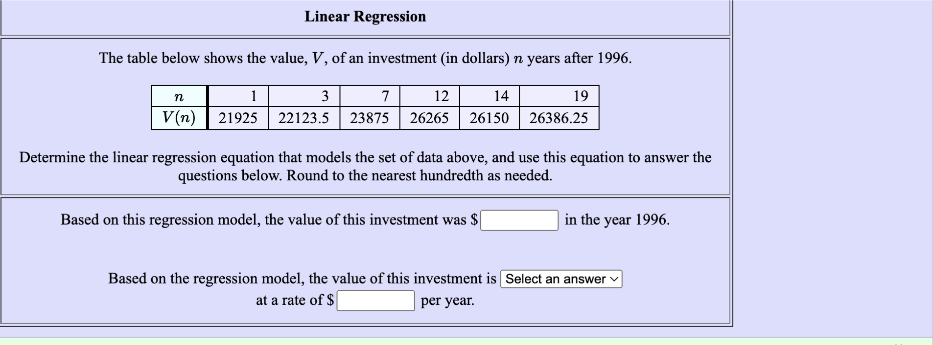 Solved Linear Regression The table below shows the value, V, | Chegg.com