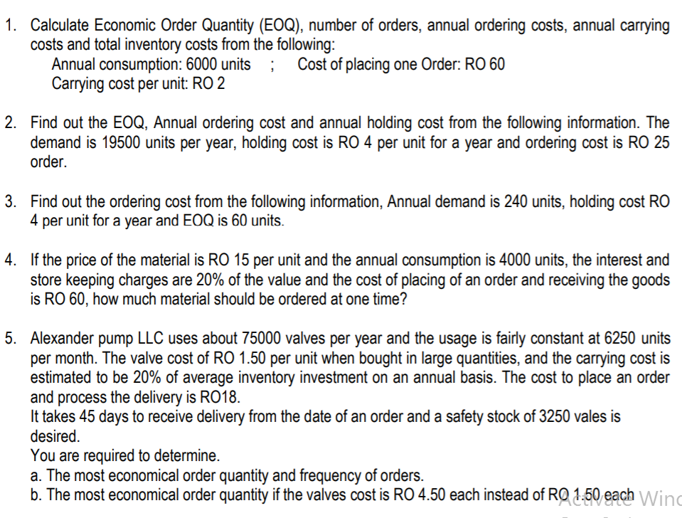 Solved 1. Calculate Economic Order Quantity (EOQ), number of | Chegg.com