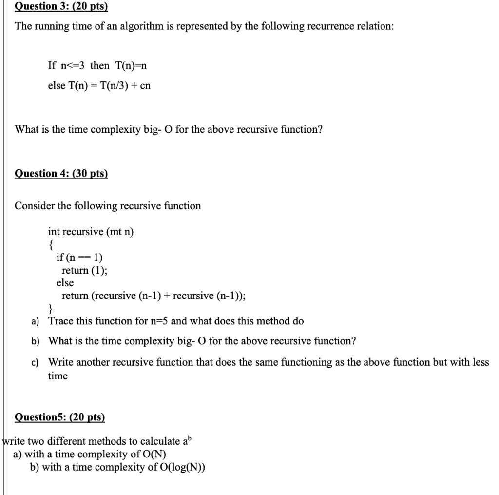 Solved Question 3: (20 pts) The running time of an algorithm | Chegg.com