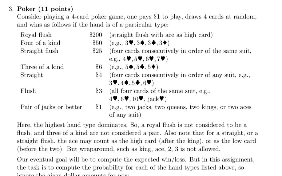Solved Poker (11 points) Consider playing a 4-card poker | Chegg.com