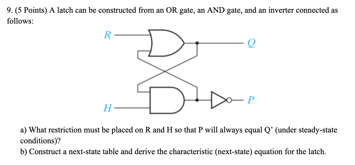 Solved 9. (5 Points) A latch can be constructed from an OR | Chegg.com