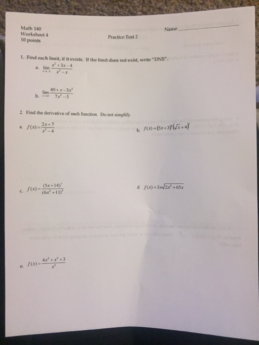 Solved Math 140 Worksheet Practice Test 2 10 points 1. Find | Chegg.com