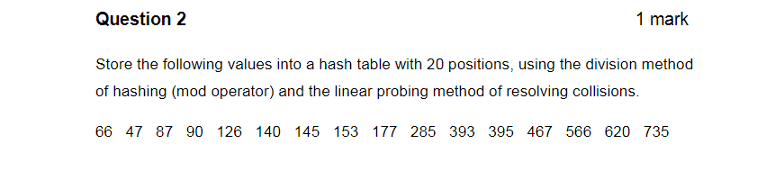 Solved Store the following values into a hash table with 20 | Chegg.com