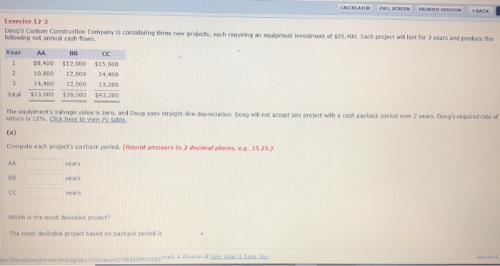 Solved Compute each projects payback period and net present | Chegg.com