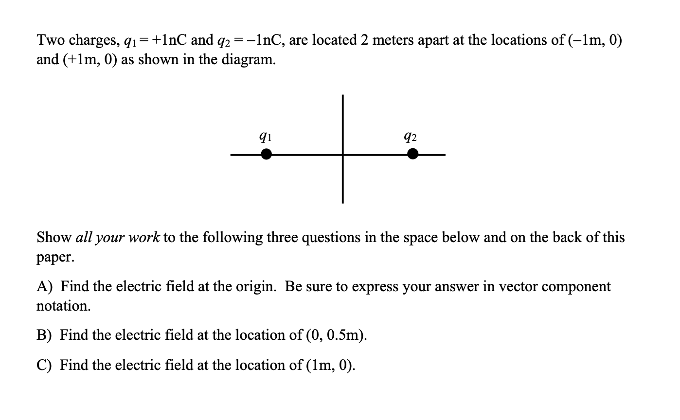 Solved Two charges, q1=+1nC and q2 =-1nC, are located 2 | Chegg.com