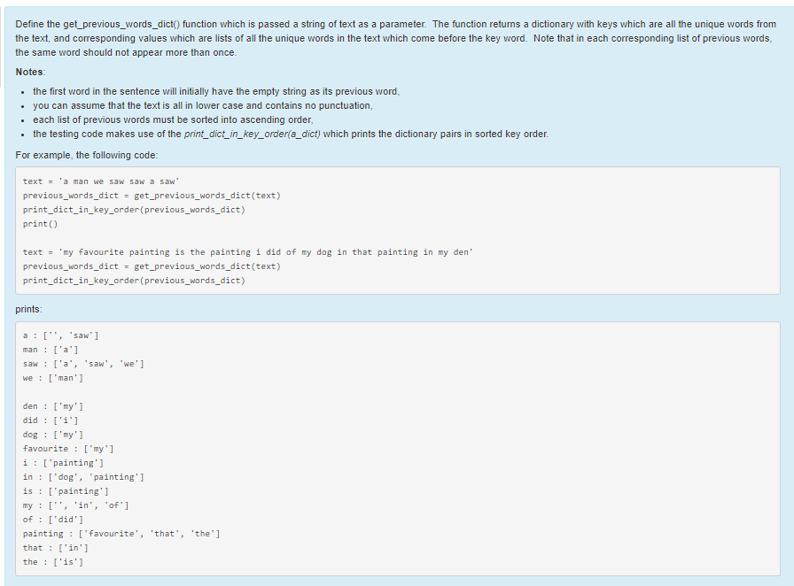 Solved Define the get_previous_words_dict function which is | Chegg.com