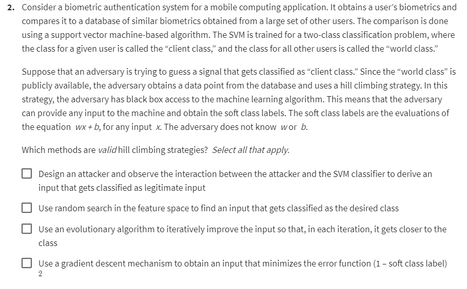 Solved 2. Consider a biometric authentication system for a | Chegg.com