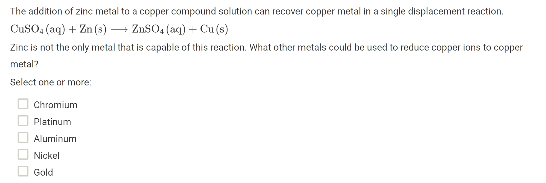 Solved The addition of zinc metal to a copper compound | Chegg.com