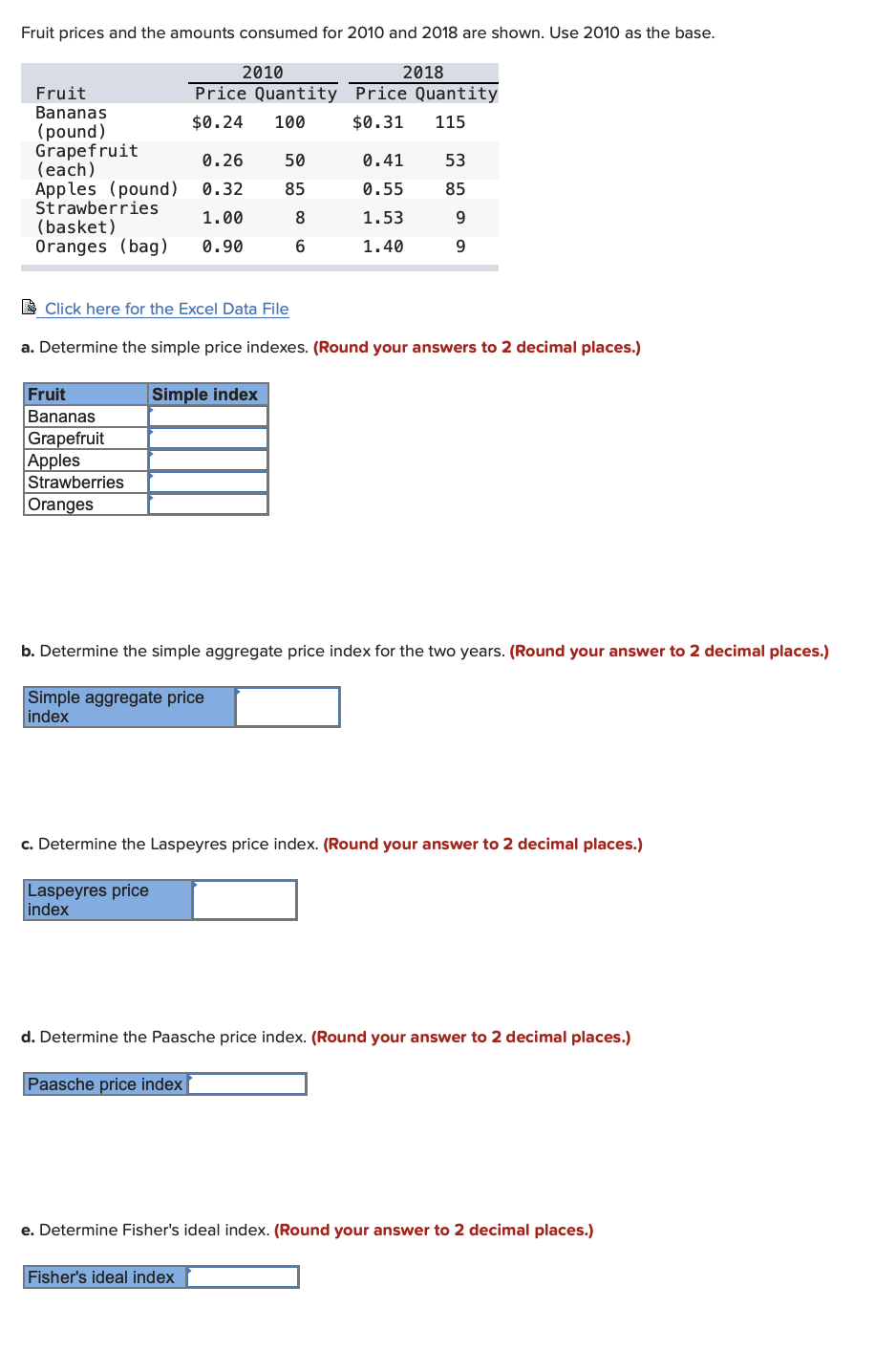 Solved Fruit prices and the amounts consumed for 2010 and | Chegg.com