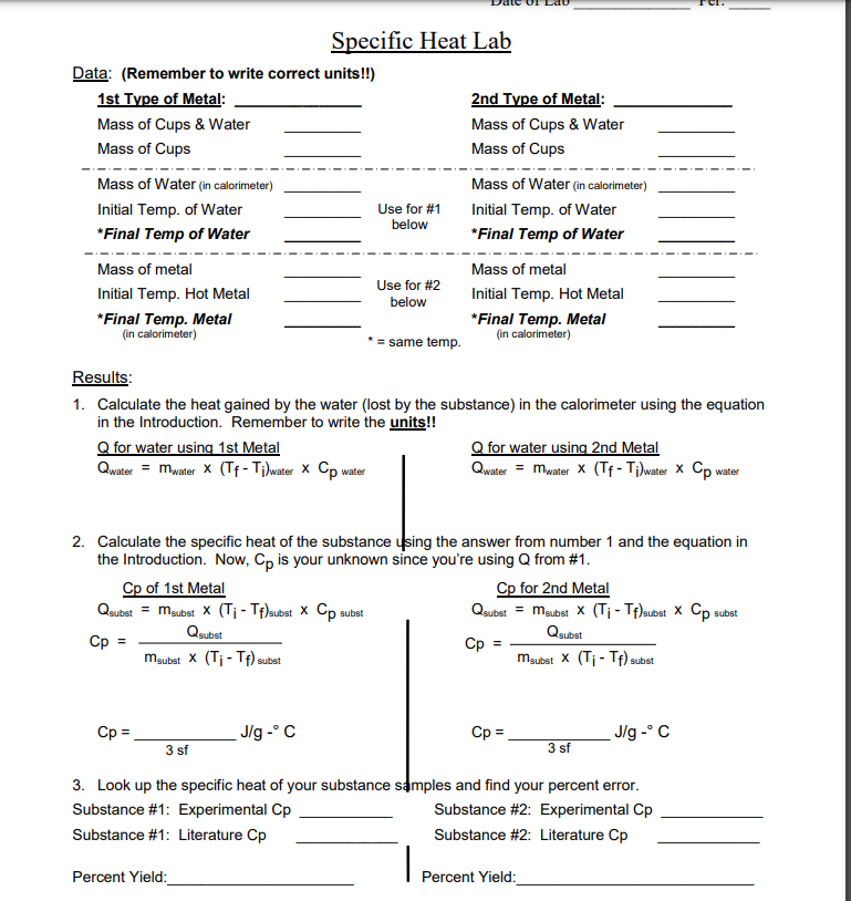 Solved Specific Heat Lab Data: (Remember to write correct | Chegg.com