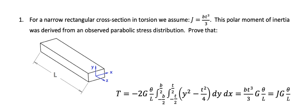 Solved 1. For a narrow rectangular cross-section in torsion | Chegg.com