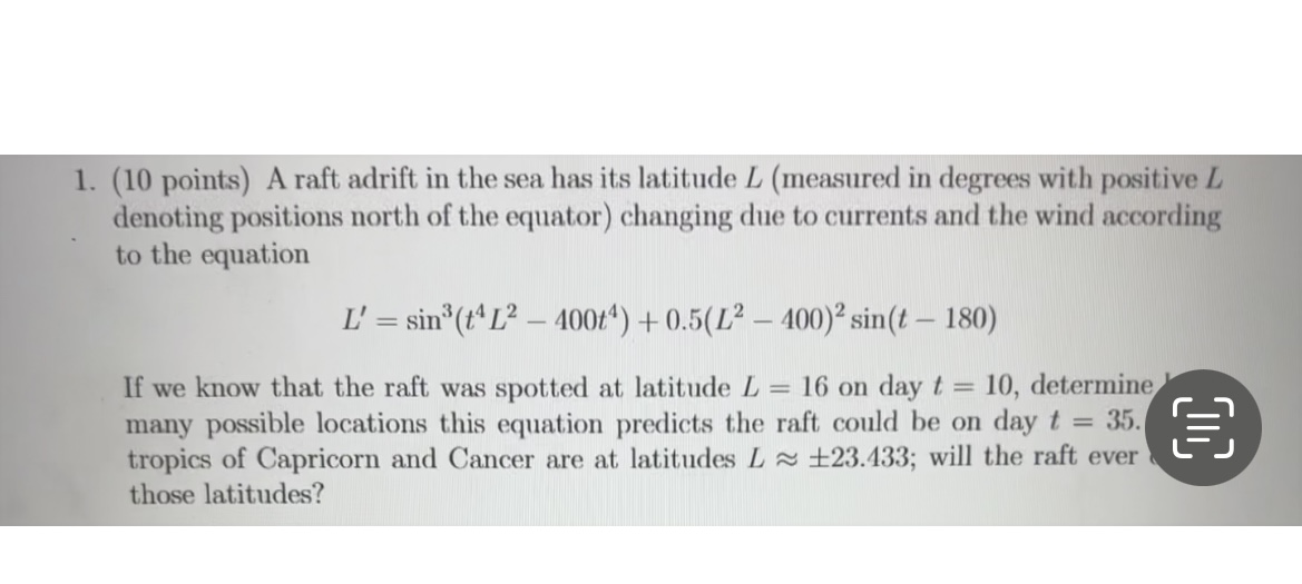 Solved (10 points) A raft adrift in the sea has its latitude | Chegg.com