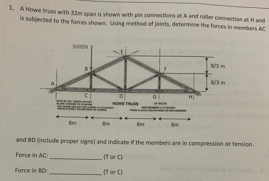 Solved A Howe truss with 32m span is shown with pin | Chegg.com