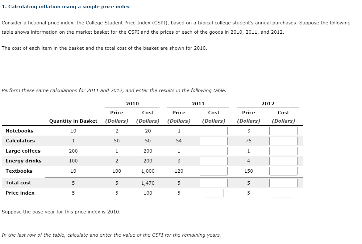 Solved 1. Calculating inflation using a simple price index | Chegg.com