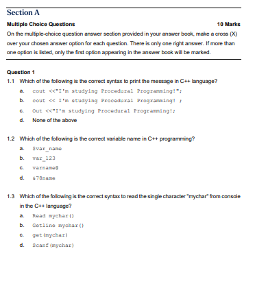 [Solved]: Section A Multiple Choice Questions 10 Marks On