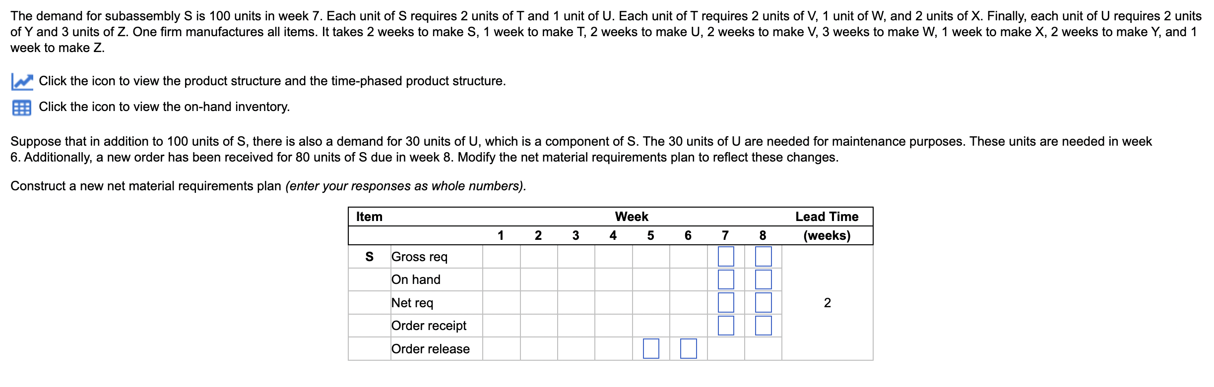 Solved The demand for subassembly S is 100 units in week 7 . | Chegg.com