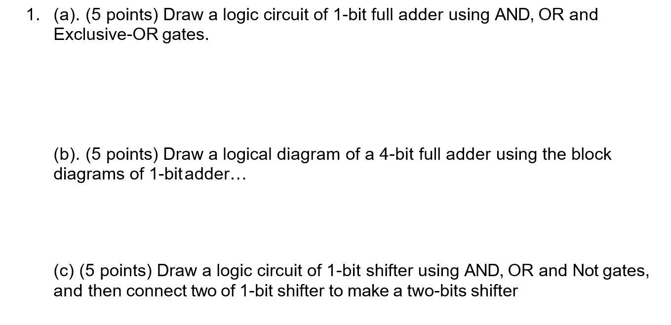 Solved 1. (a). (5 points) Draw a logic circuit of 1-bit full | Chegg.com