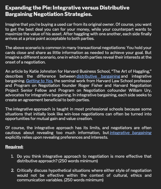 Expanding the Pie: Integrative versus Distributive | Chegg.com