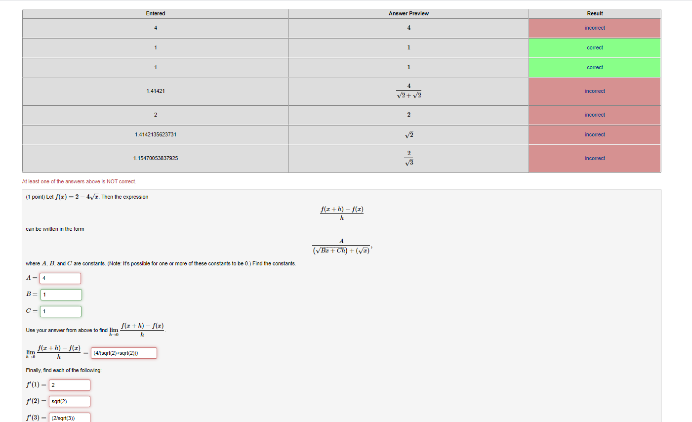 Solved Entered Answer Preview Result 4 incorrect 1 1 correct | Chegg.com