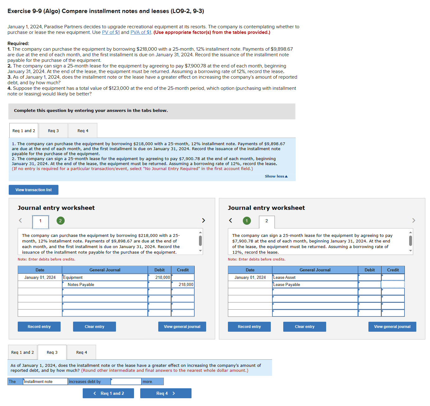 Solved Exercise 9-9 (Algo) Compare installment notes and | Chegg.com