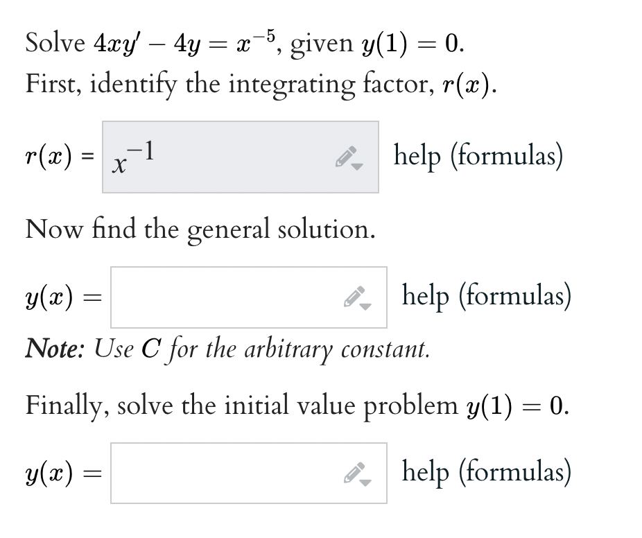 Solved Solve 4xy'-4y=x-5, ﻿given y(1)=0.First, identify the | Chegg.com