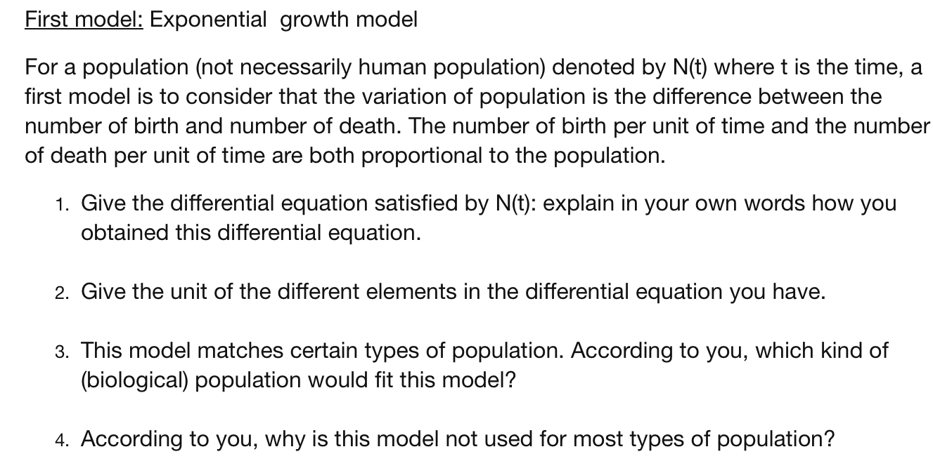 Solved First model: Exponential growth model For a | Chegg.com