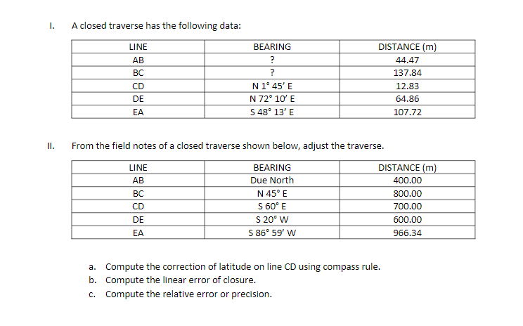 Solved I. A closed traverse has the following data: LINE AB | Chegg.com