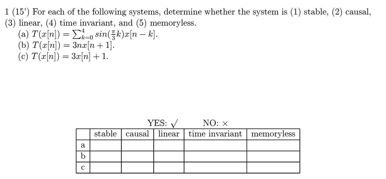 Solved 1 (15') For each of the following systems, determine | Chegg.com