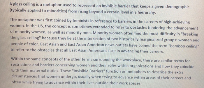Solved A glass ceiling is a metaphor used to represent an | Chegg.com