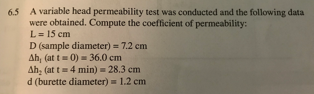 Solved A variable head permeability test was conducted and | Chegg.com