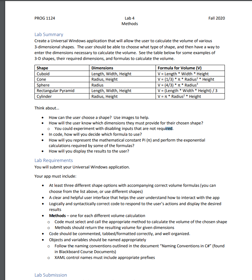 PROG 1124 Fall 2020 Lab 4 Methods Lab Summary Create | Chegg.com