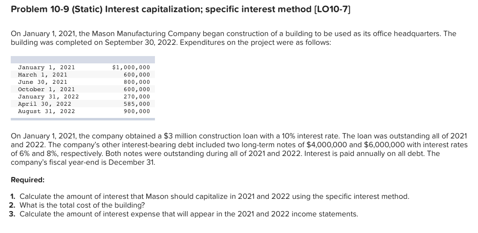 Solved Problem 10-9 (Static) Interest capitalization, | Chegg.com