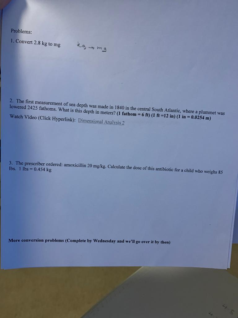 Solved Problems: 1. Convert 2.8 kg to mg kg mg 2. The first | Chegg.com
